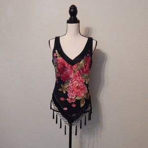 Cache | Tops | Cache Silky Rose Top W Tassels Beading | Poshmark